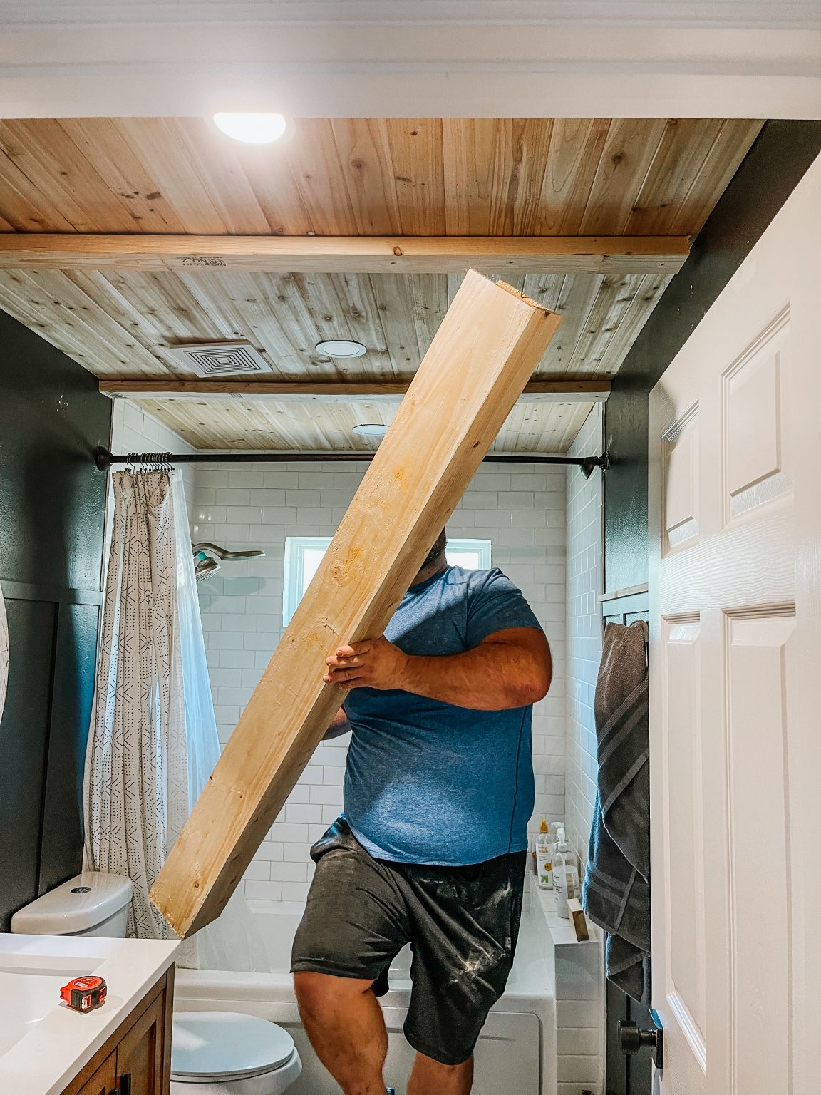Part 3: DIY Wood Beam Ceiling on a Budget, Moody Bathroom ...