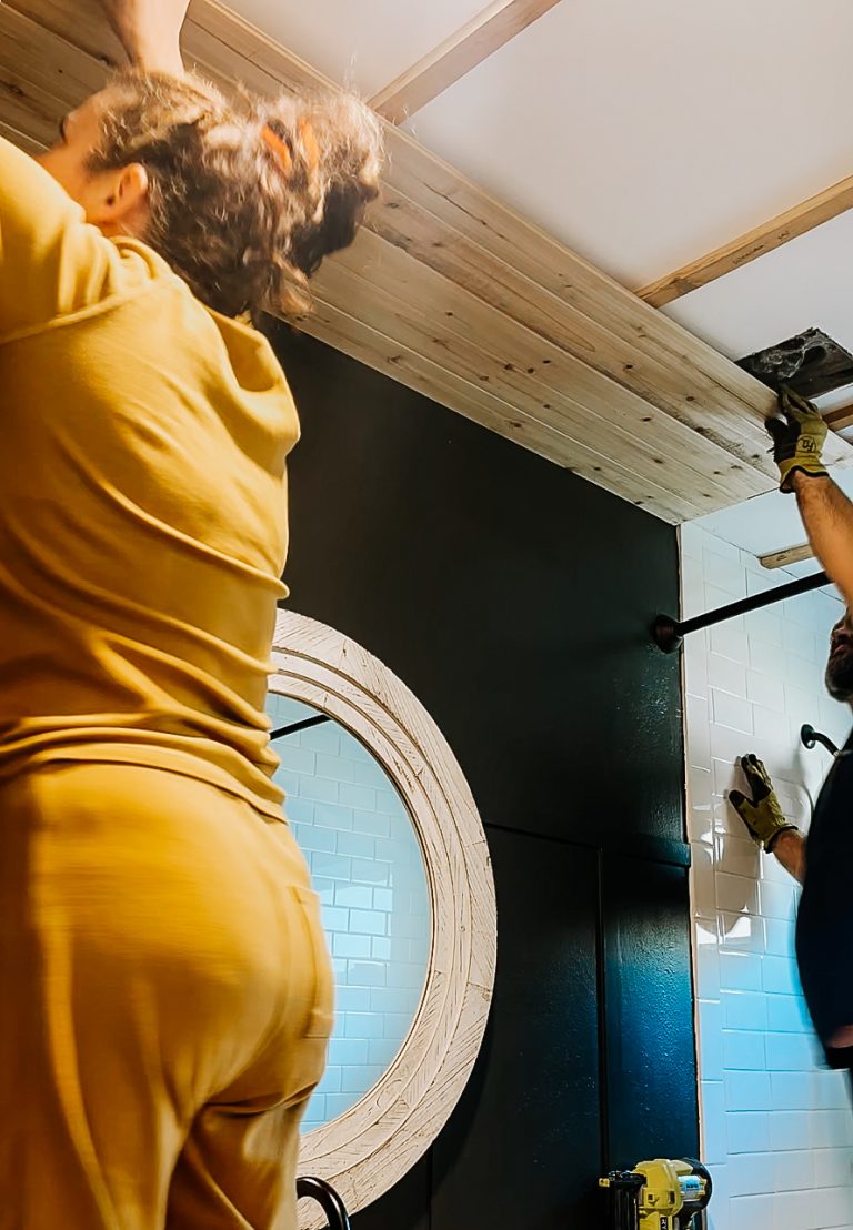 Part 3: DIY Wood Beam Ceiling on a Budget, Moody Bathroom ...